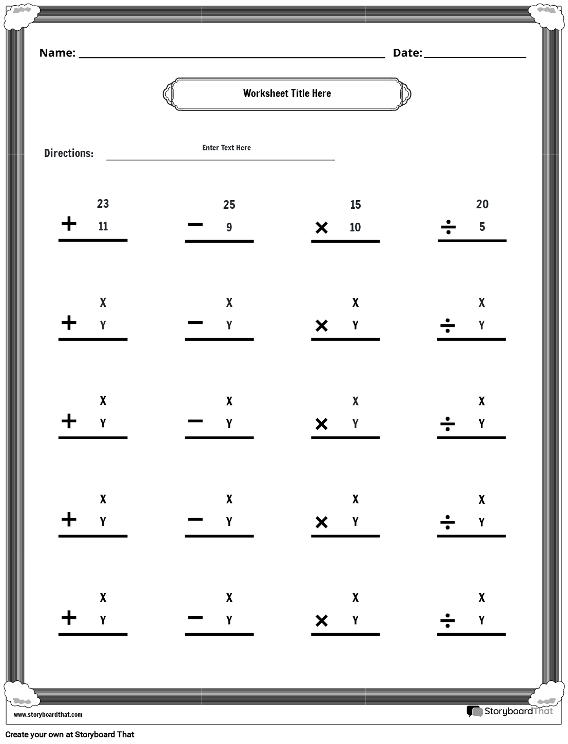 Mixed Operations Worksheet Featuring Clouds Storyboard