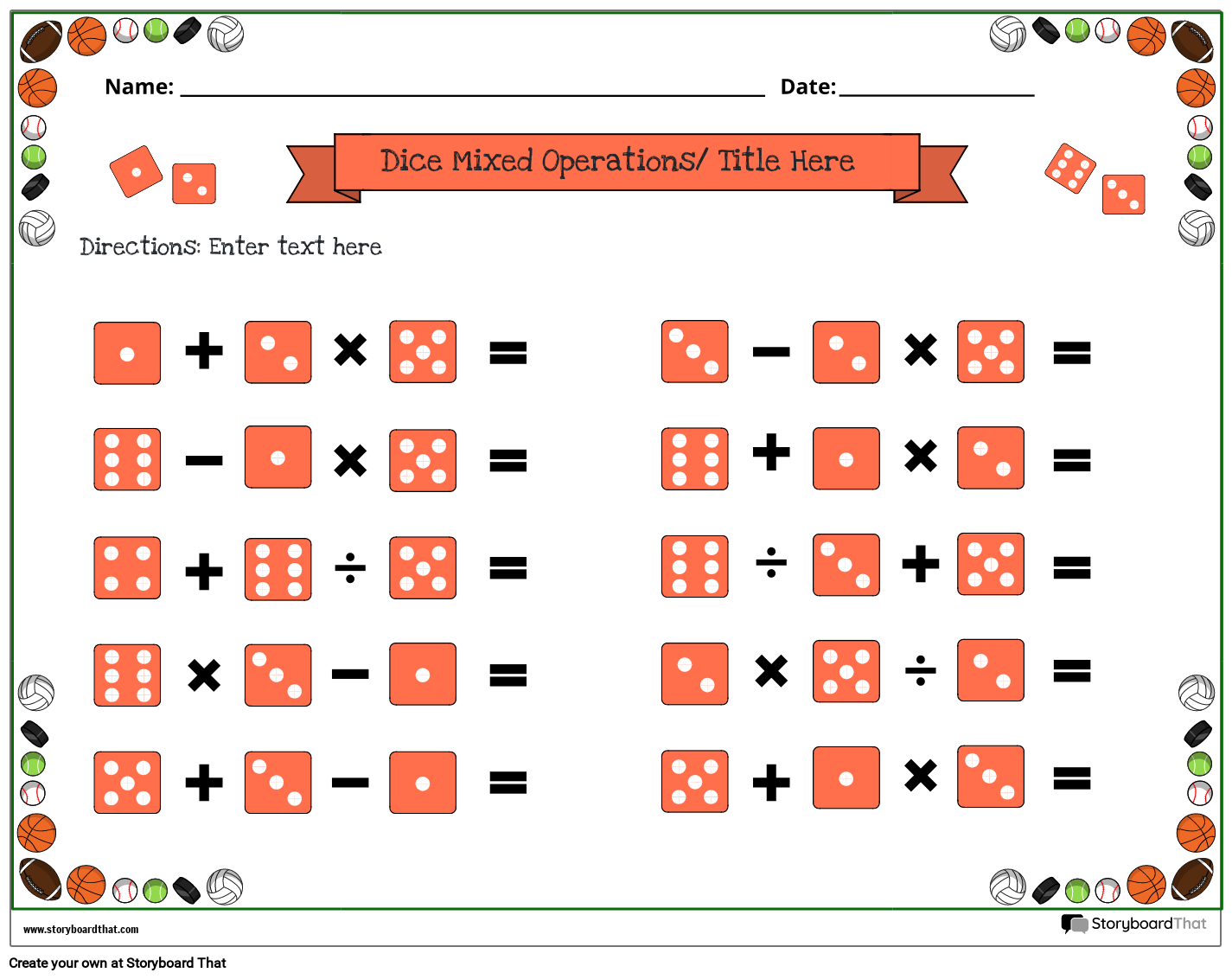Mixed Operations Worksheet with Dice Storyboard
