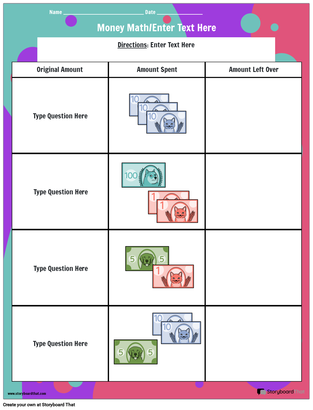 Money Worksheet with Colorful Background Storyboard