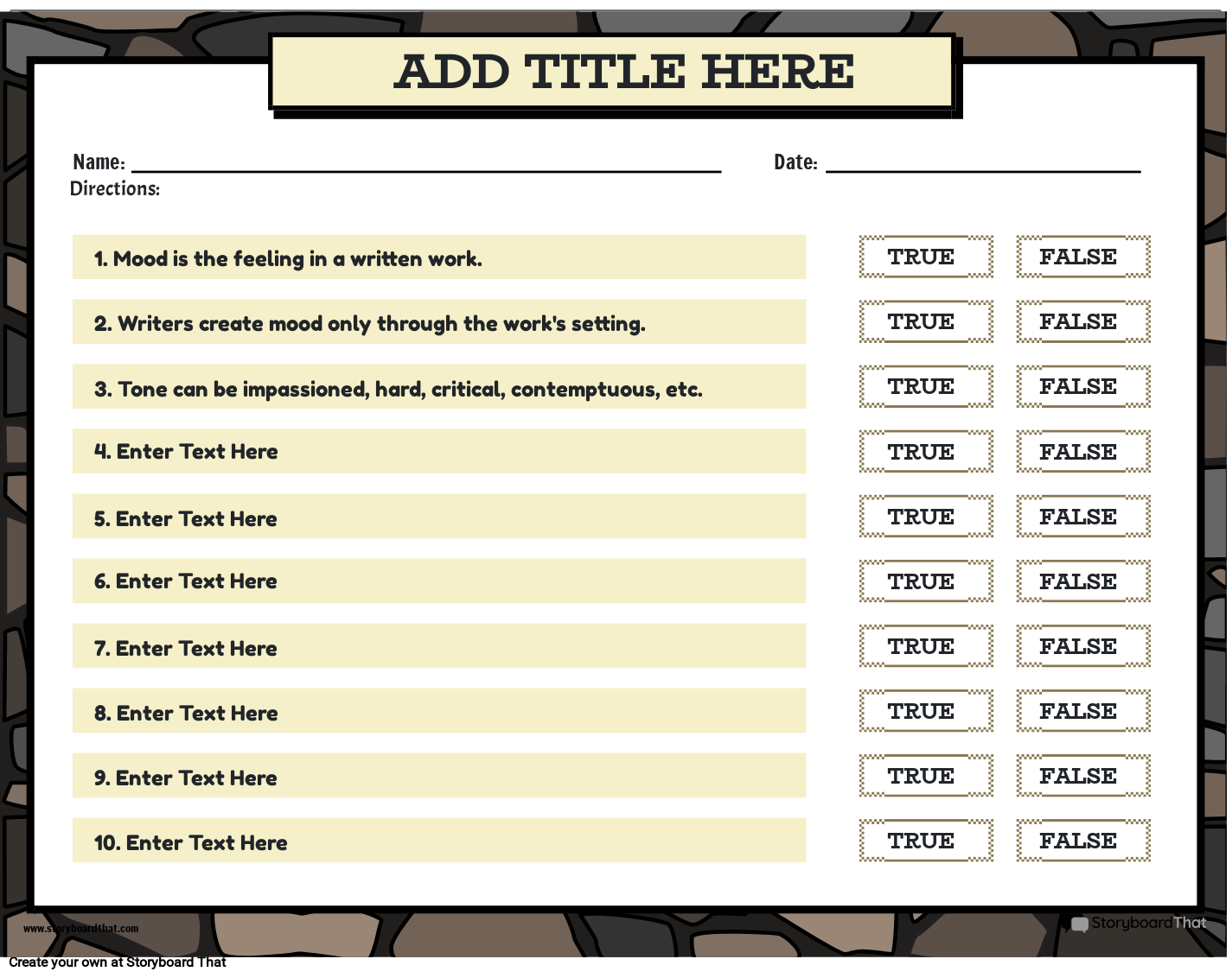 True or False Activity Worksheet Storyboard af templates