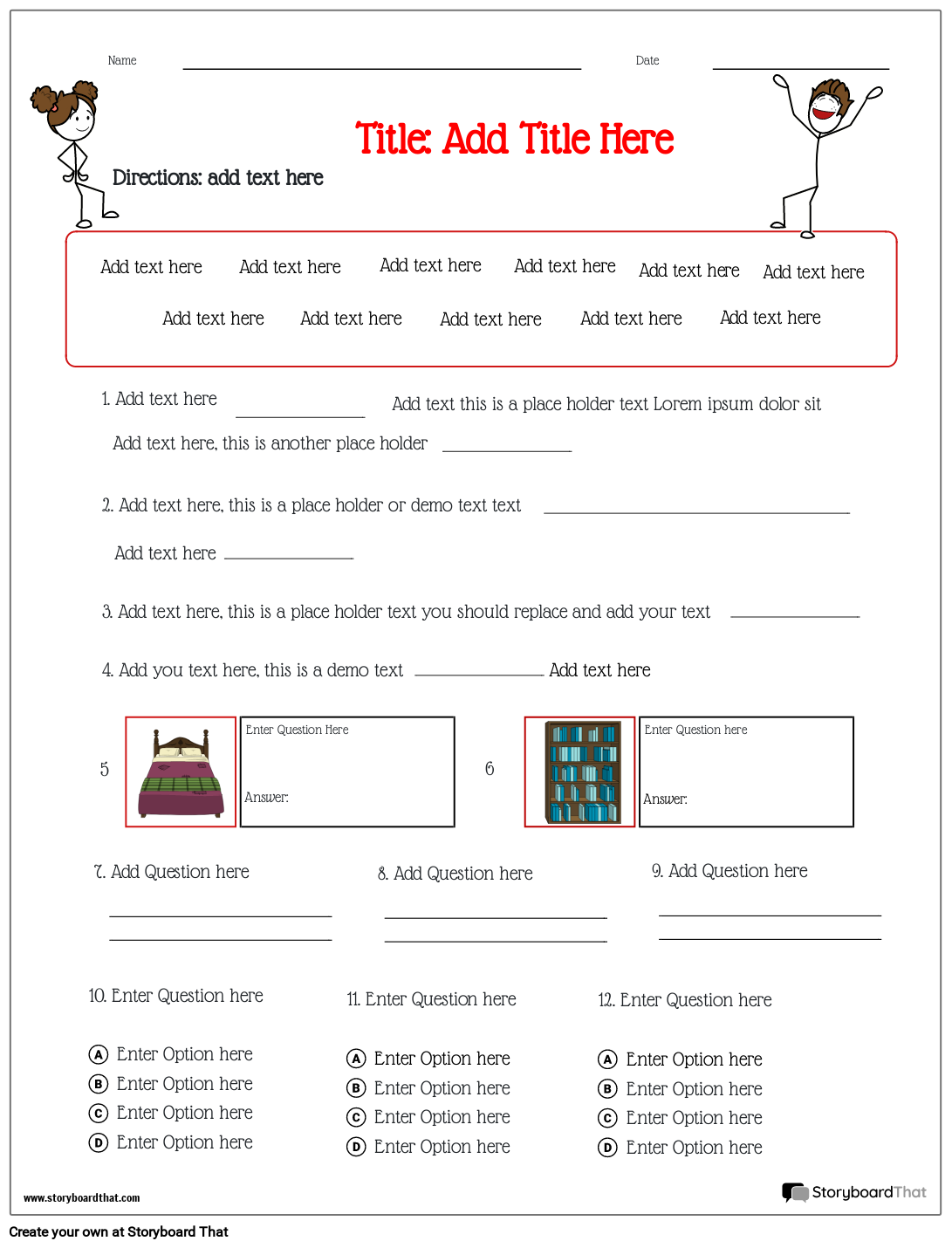 Multi-pattern text and quizzes worksheet Storyboard