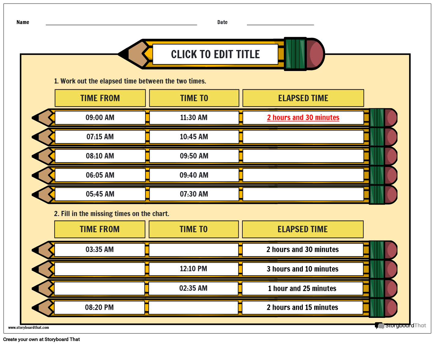 Elapsed Time Worksheet Pencil Theme Storyboard