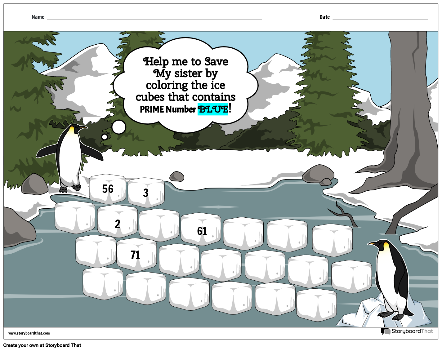 Penguin Maze-Prime Number Worksheet Storyboard