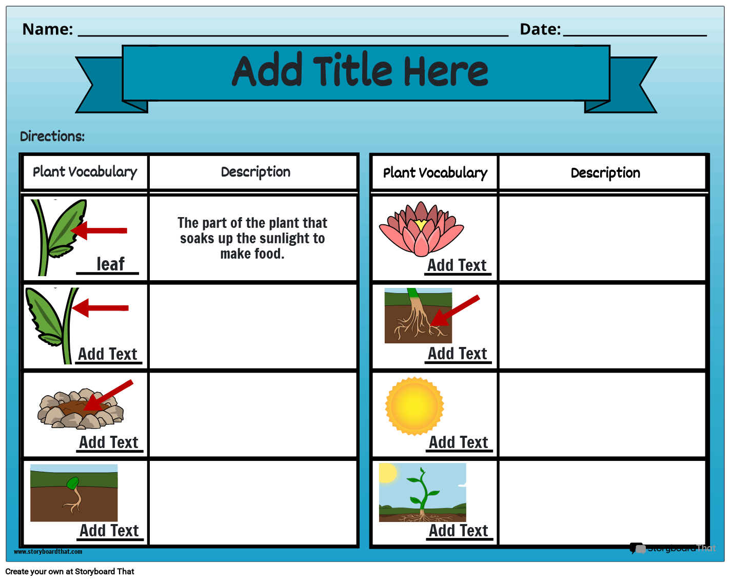 Plant Vocabulary Cards (Intermediate) Worksheet