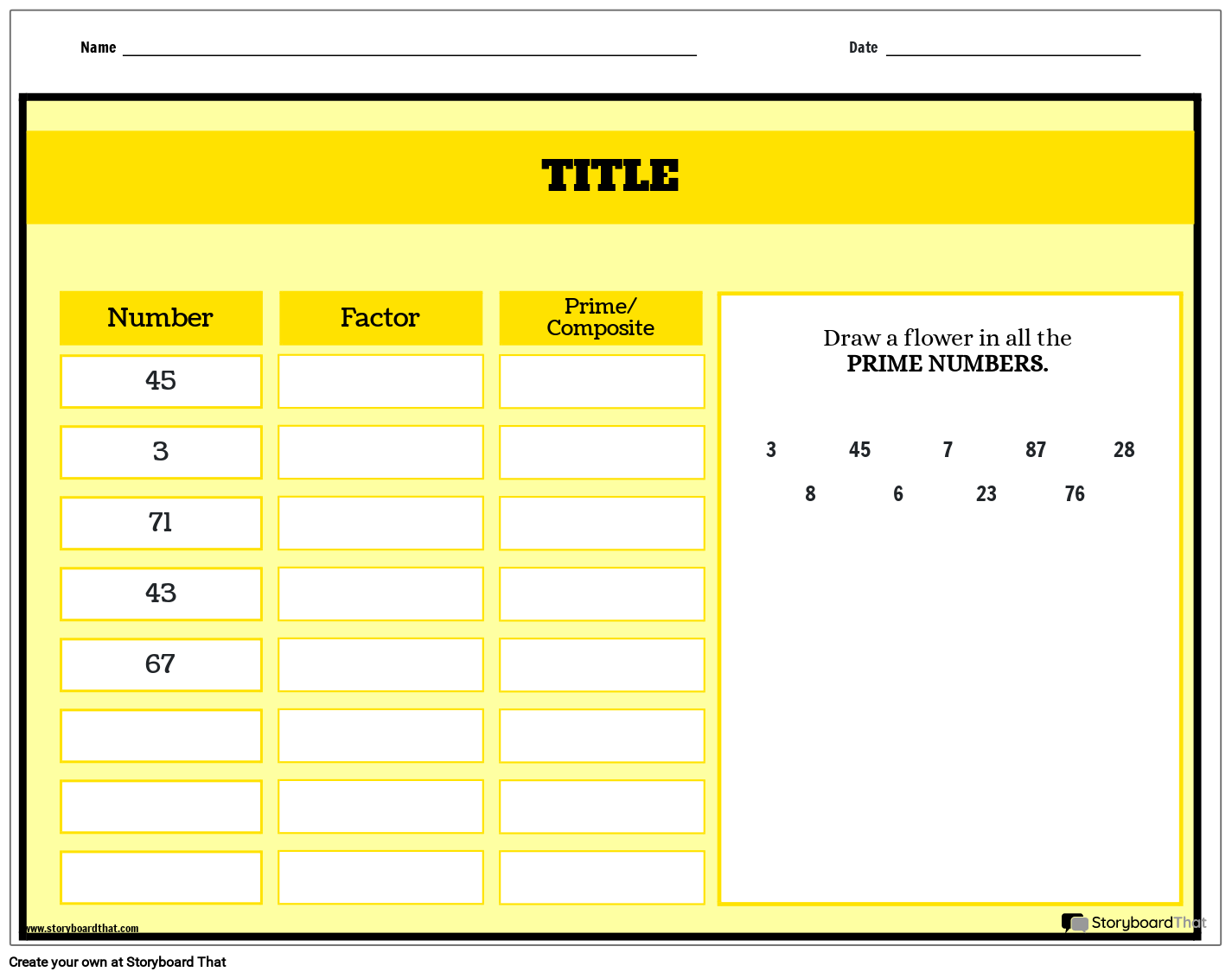 Prime and Composite Numbers with Factoring Storyboard