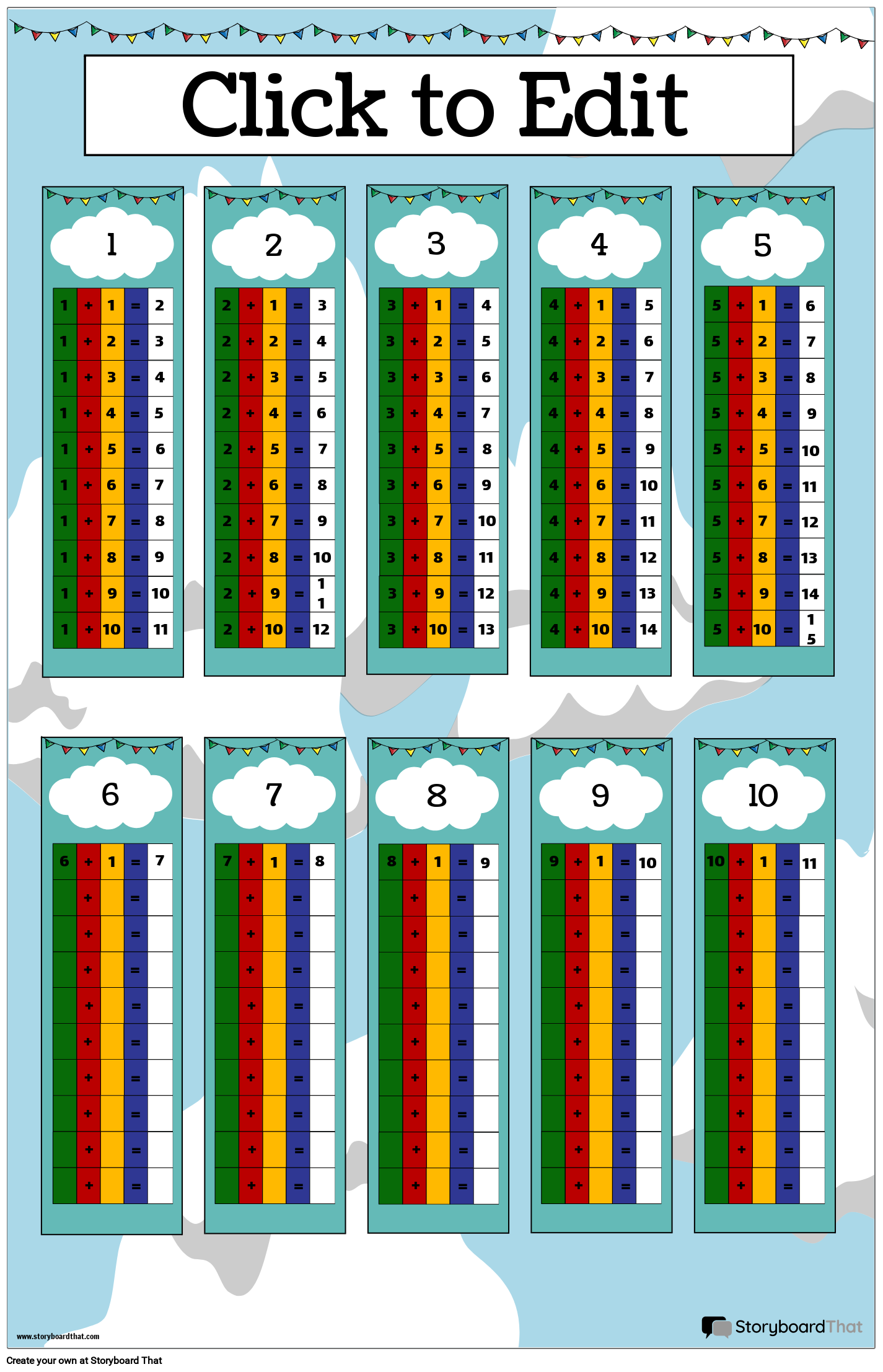 Printable Addition Charts Poster with Streamers
