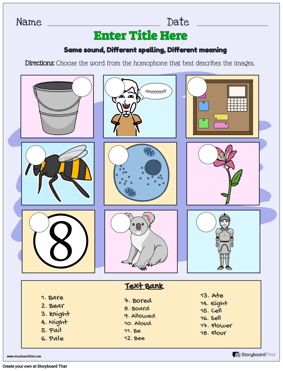 Word Bank Homophone Matching Activity Storyboard Word Bank Homophone Matching Activity Storyboard