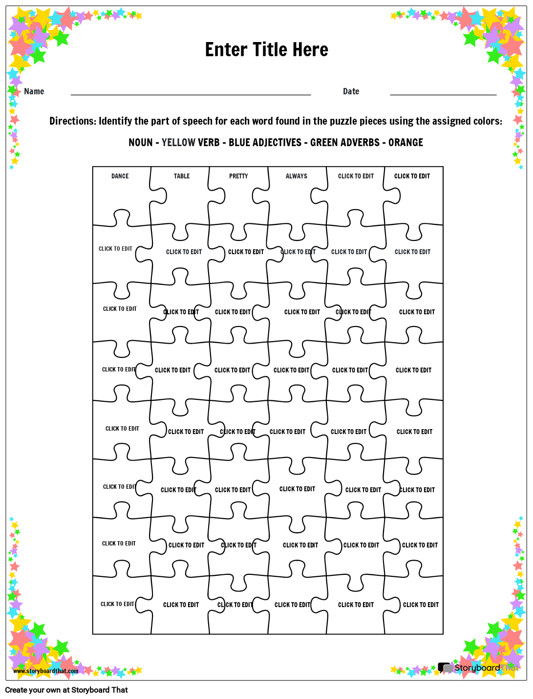 Puzzle Grammar Worksheet with Star Border Storyboard