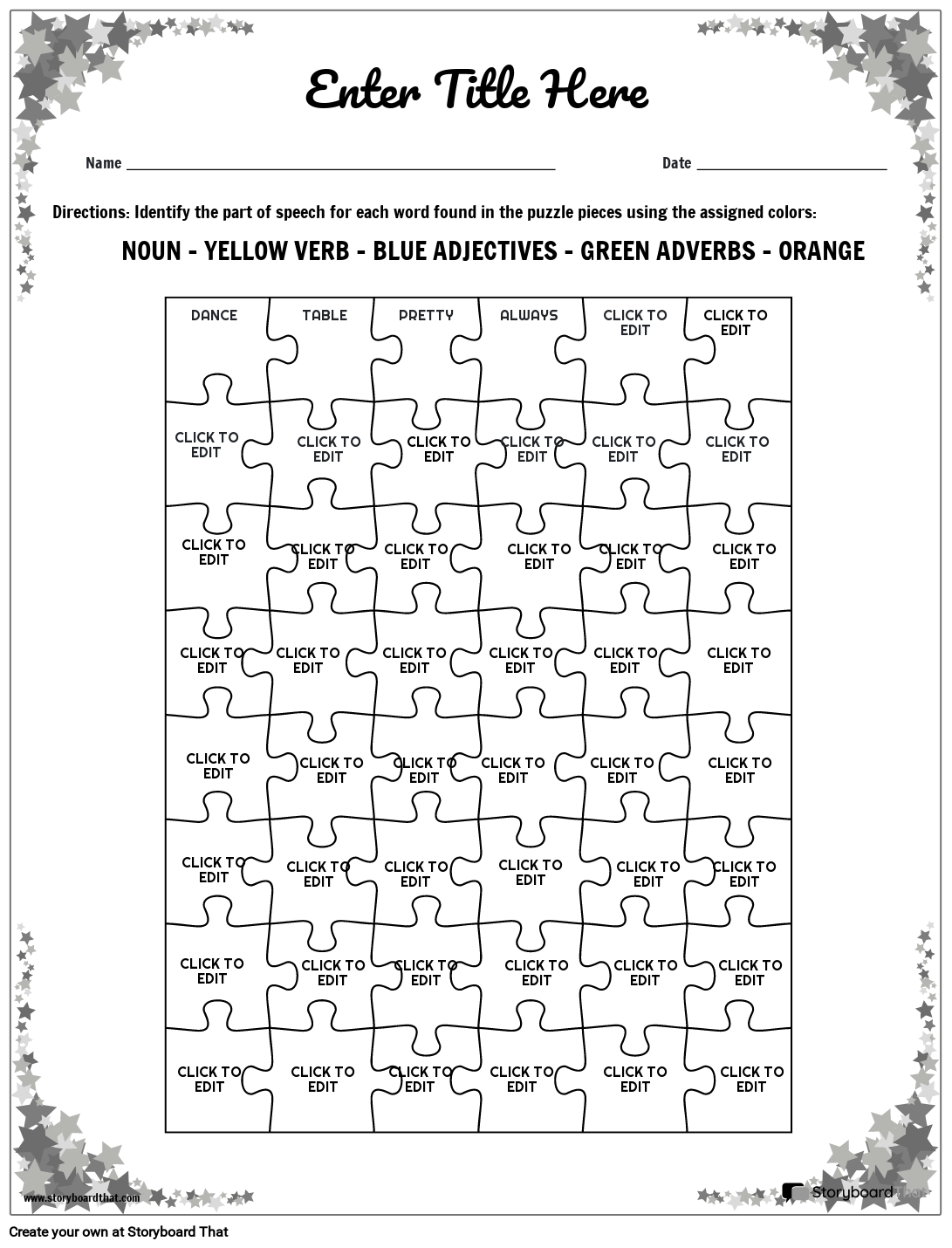 Puzzle Grammar Worksheet with Star Border Storyboard