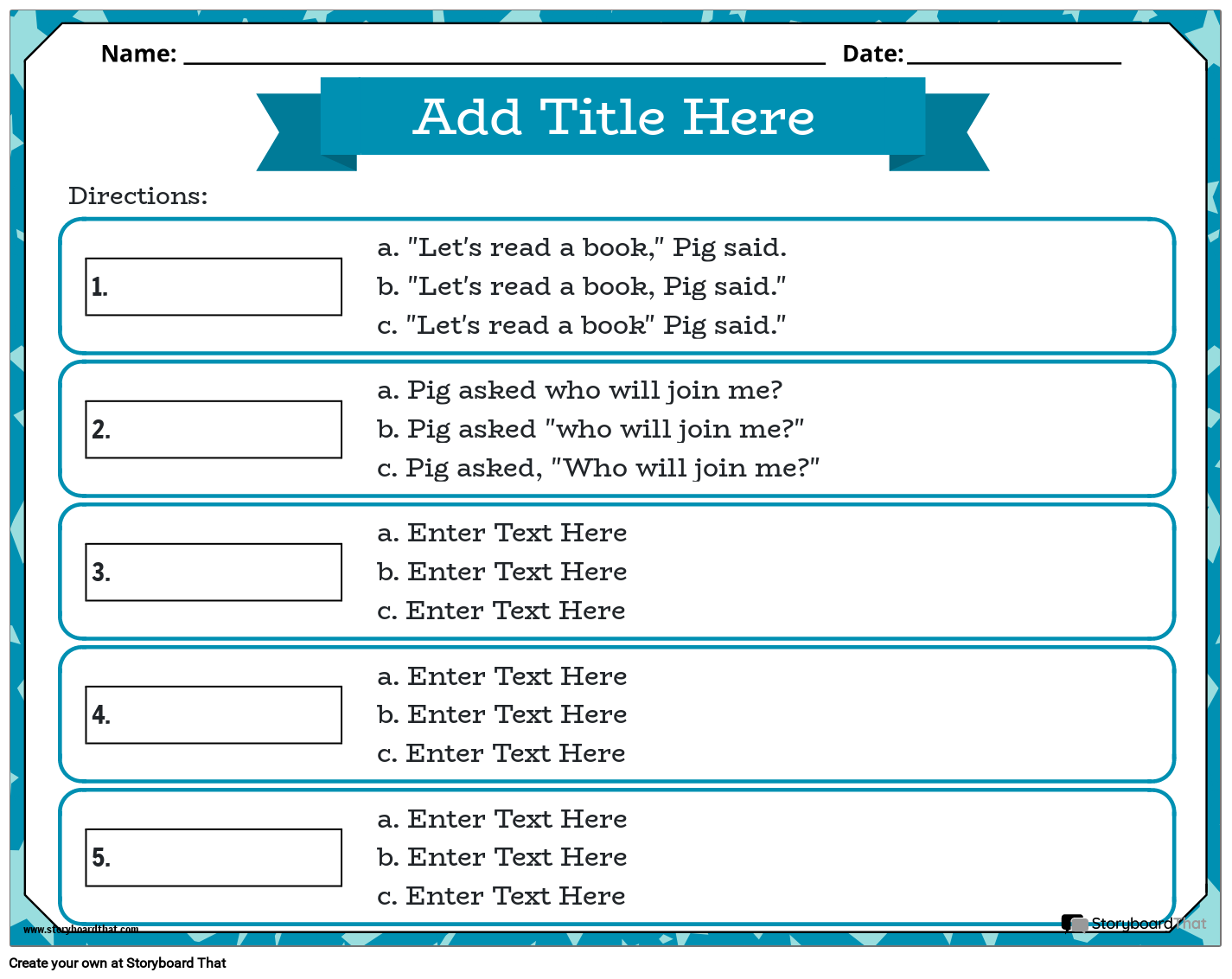 Quotation Mark Worksheet Editable Template Storyboard