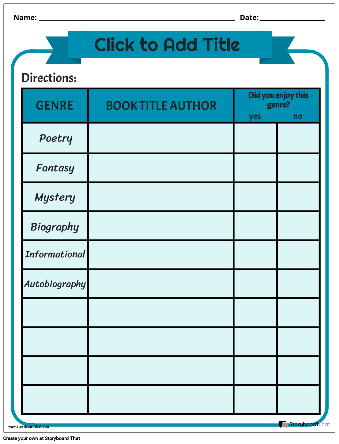 Reading Genre Challenge Worksheet Storyboard by templates