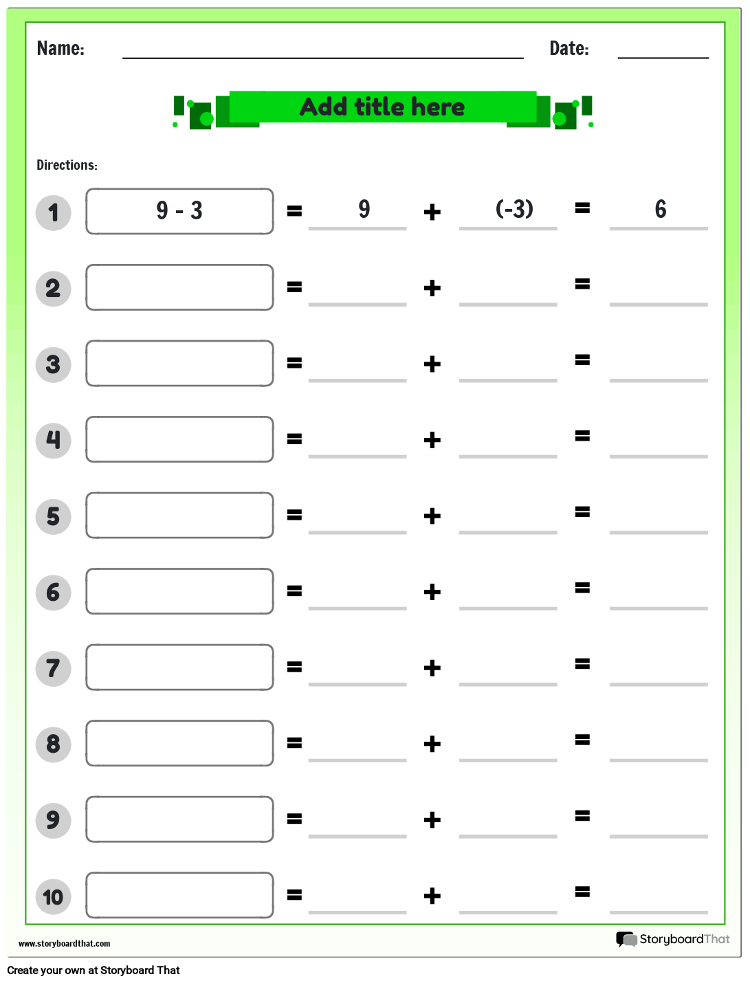Rewriting Subtractions as Addition Worksheet Storyboard
