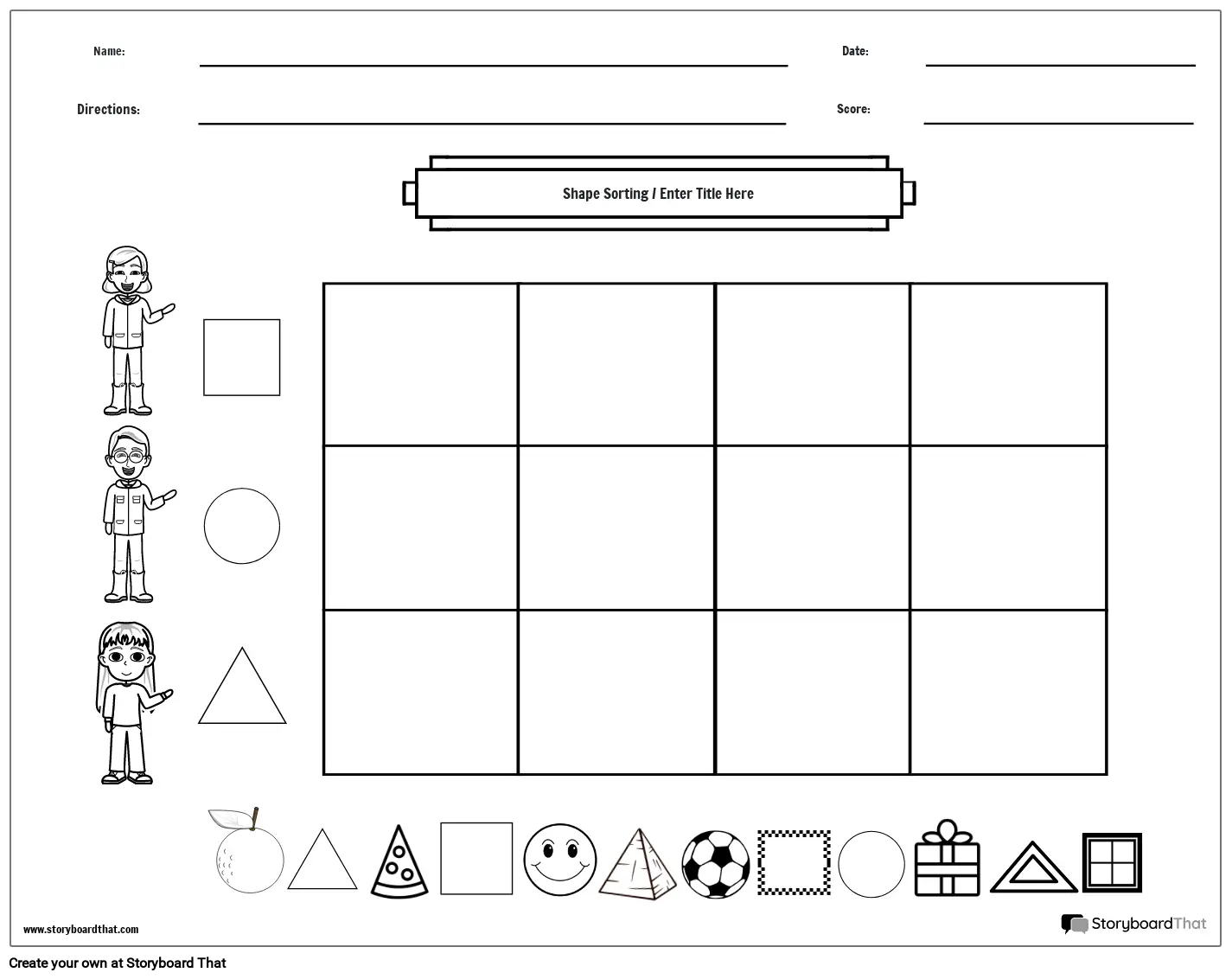 shapes & items sorting worksheet (black & white)