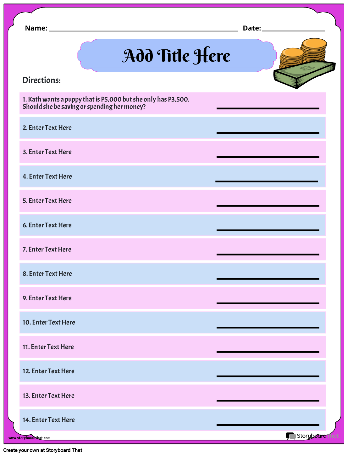 Spending and Saving Money - Economics Worksheet