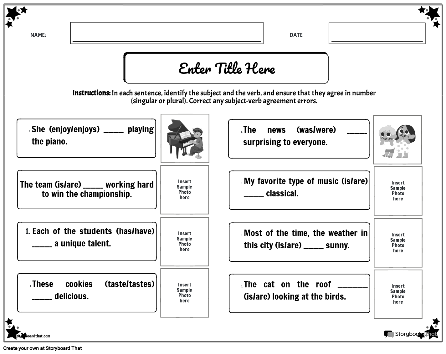 Subject Verb Agreement Grammar Worksheet With Pictures BW