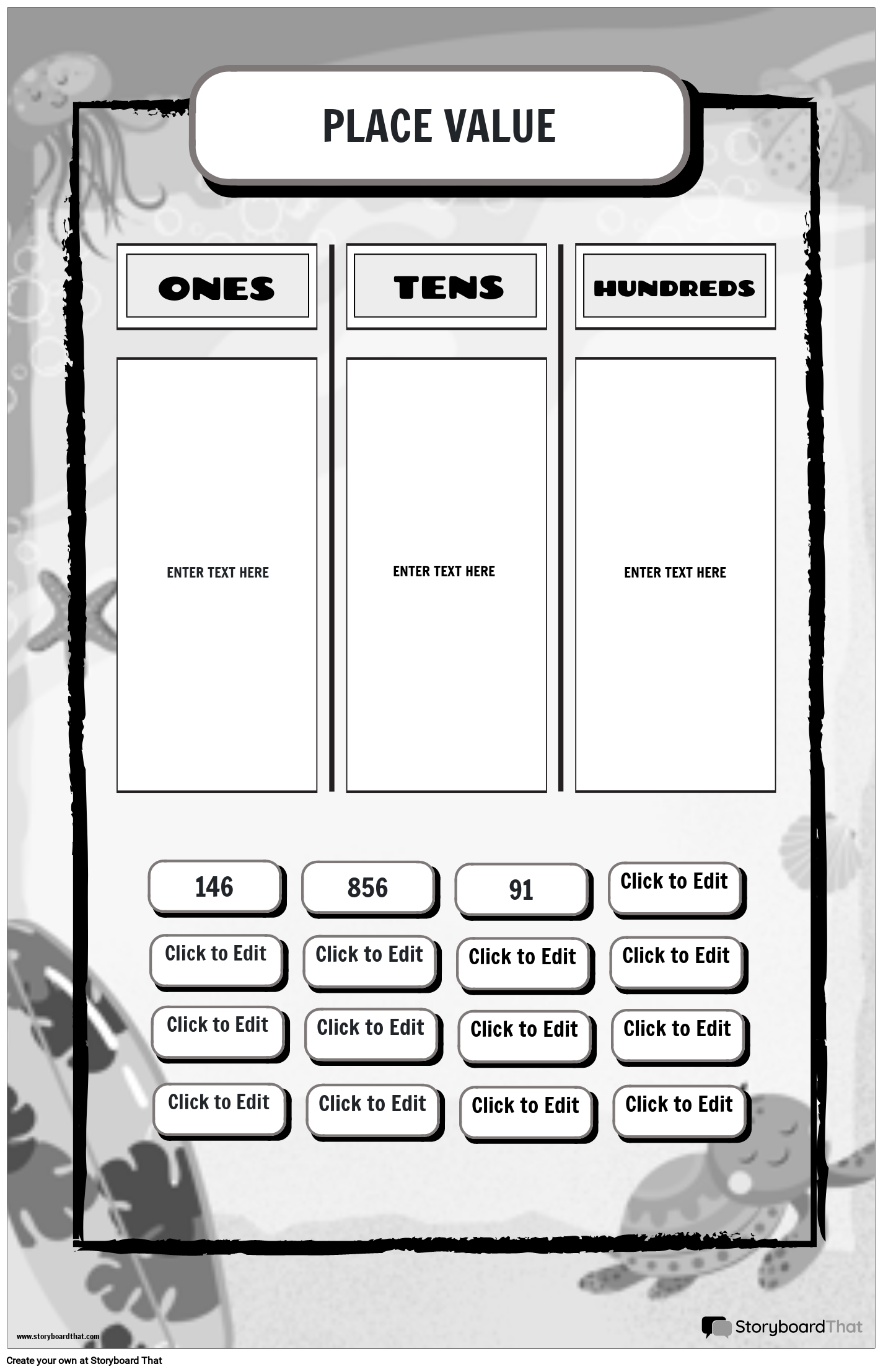 Place Value Worksheet Featuring Sea Animals Storyboard