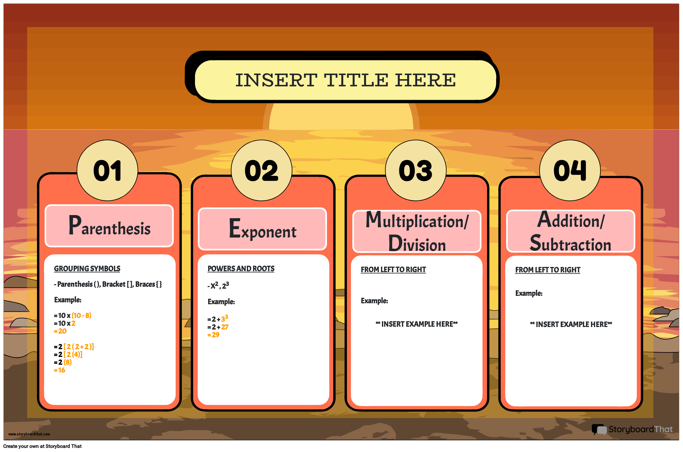Sunset-themed Order of Operation Poster Storyboard
