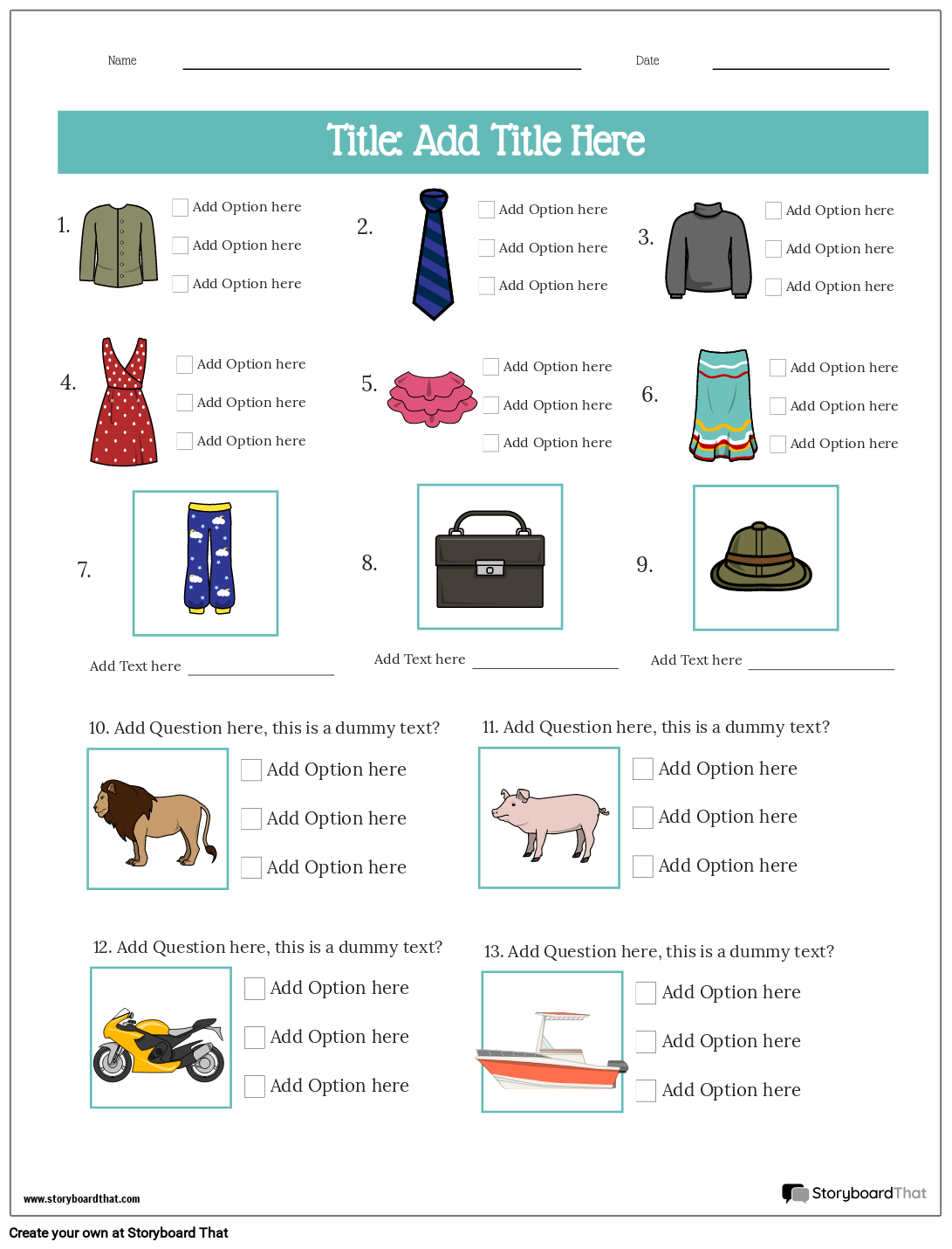Test and quizzes worksheet multi-pattern Storyboard