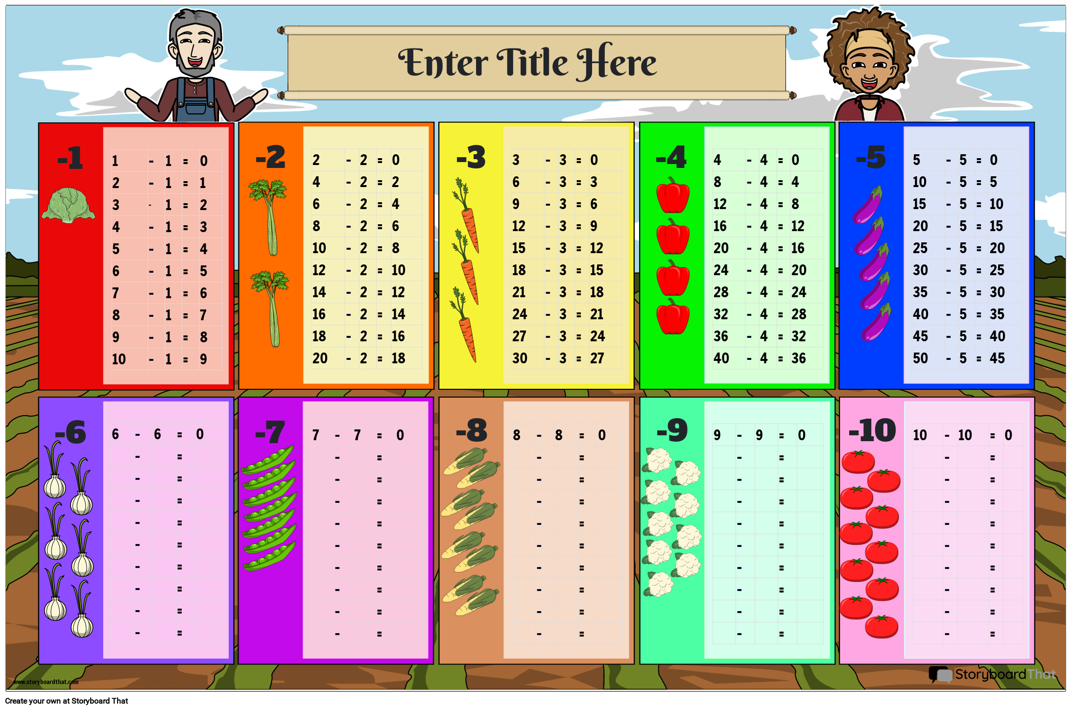 Vegetable Themed Subtraction Chart Poster Storyboard