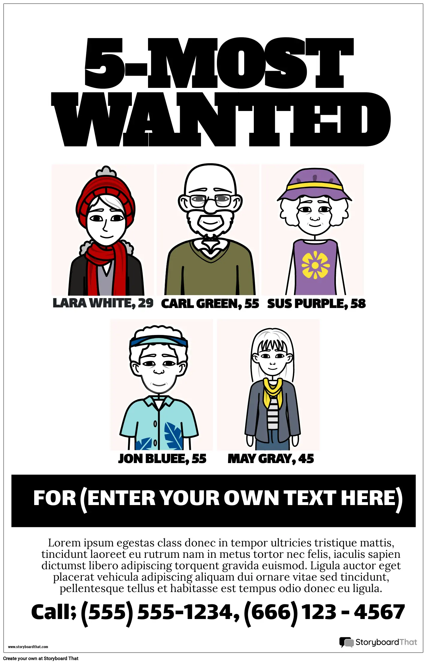 Wanted poster for 5 suspects Storyboard by templates