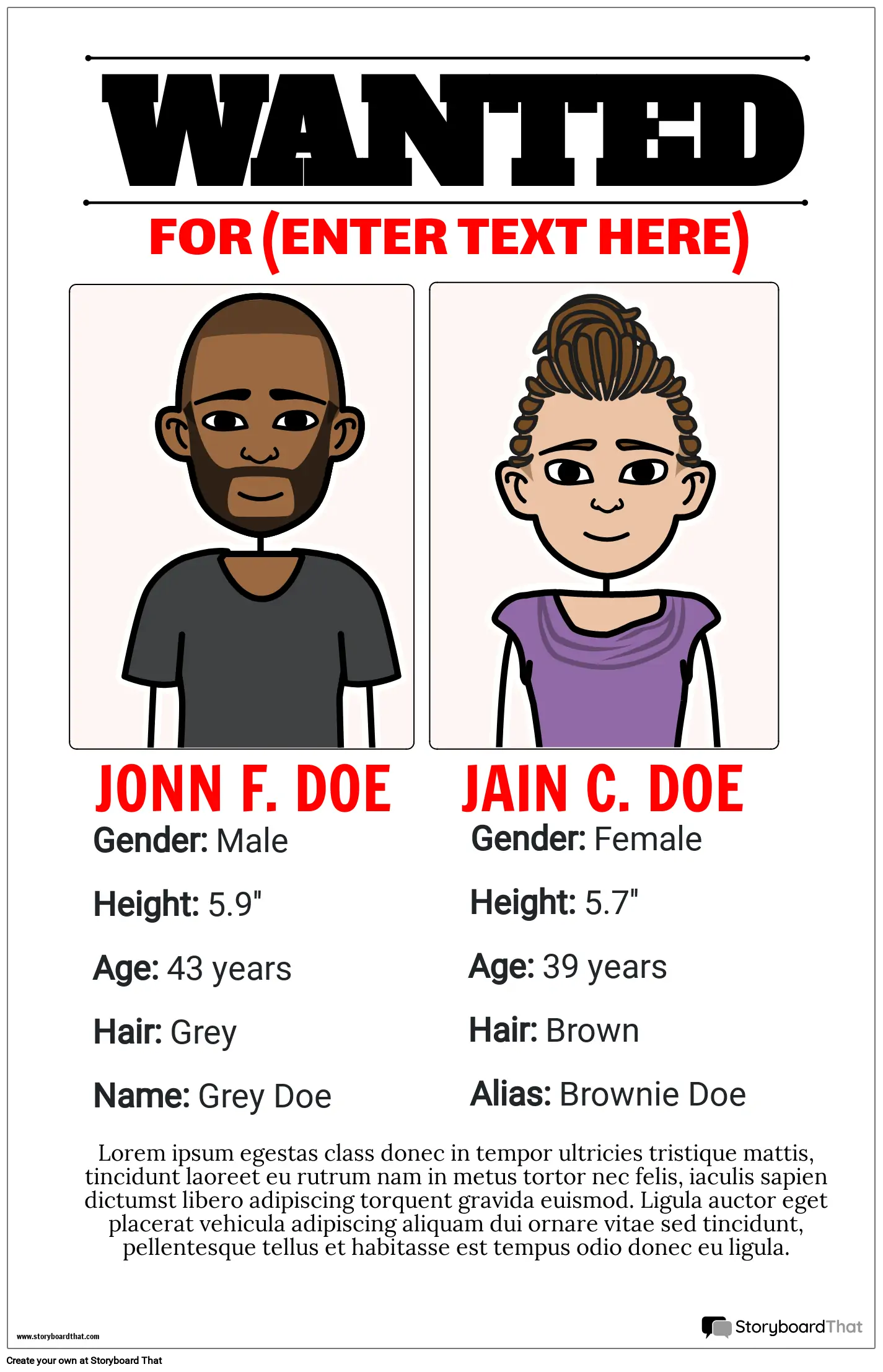 Wanted poster for two suspects with details Storyboard