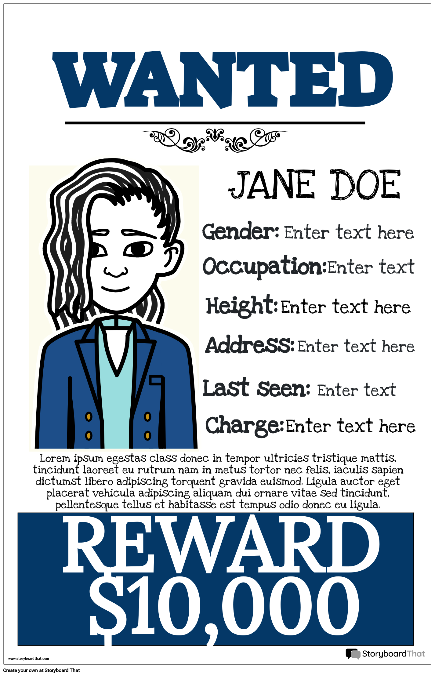 Wanted poster with details Storyboard by templates