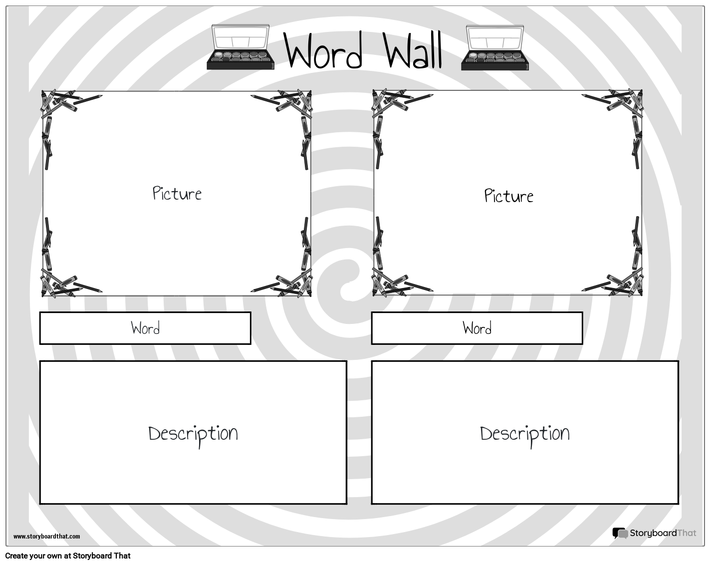 Word Wall Worksheet Featuring Crayons and Spirals