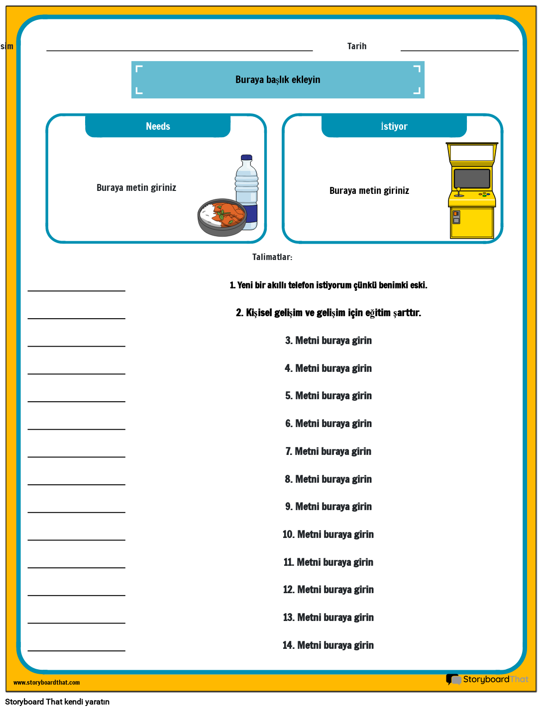 İhtiyaçlar ve İstekler Ekonomi Çalışma Sayfası