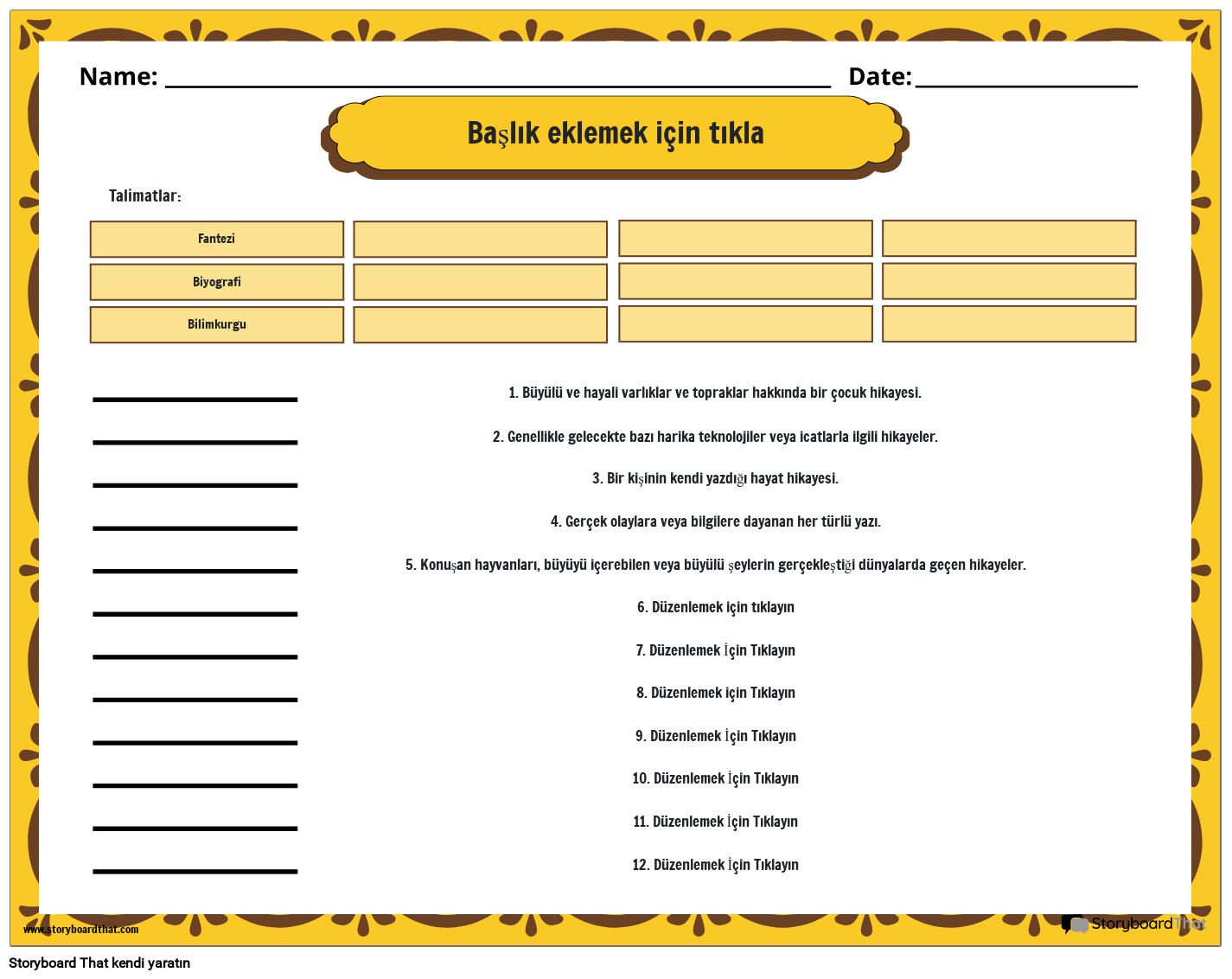 Edebi Türleri Tanımlama Çalışma Sayfası Storyboard