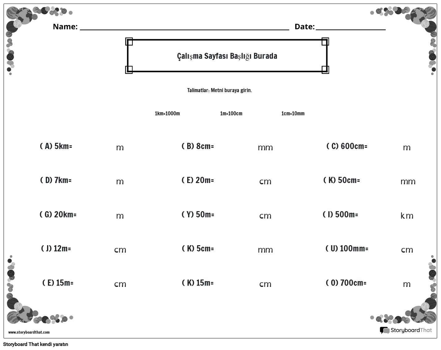 Gezegen kenarlığıyla birlikte uzunluk çalışma sayfası metrik birimleri (siy