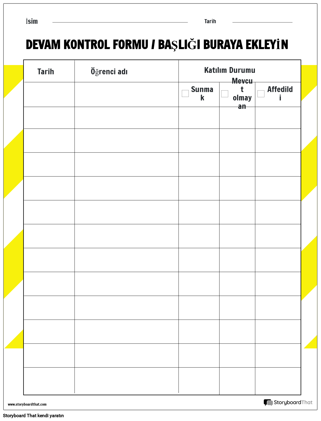Onay kutuları çalışma sayfasını içeren tablo Storyboard