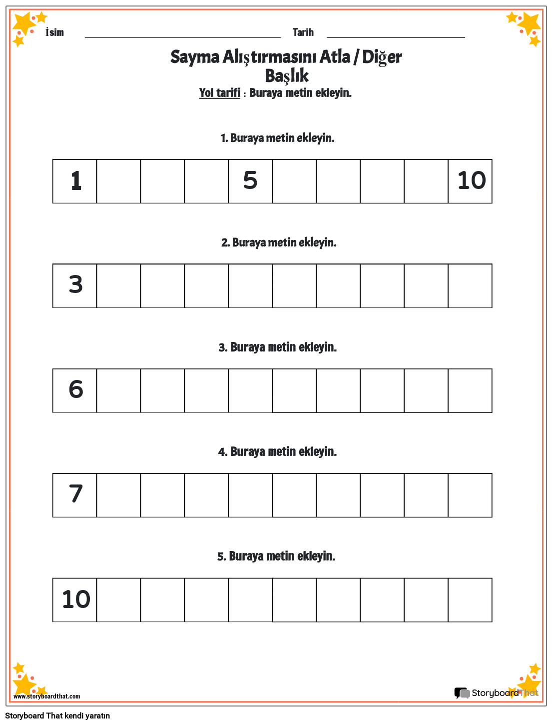 Yıldız Sınırlı Sayma Çalışma Sayfasını Atla Storyboard