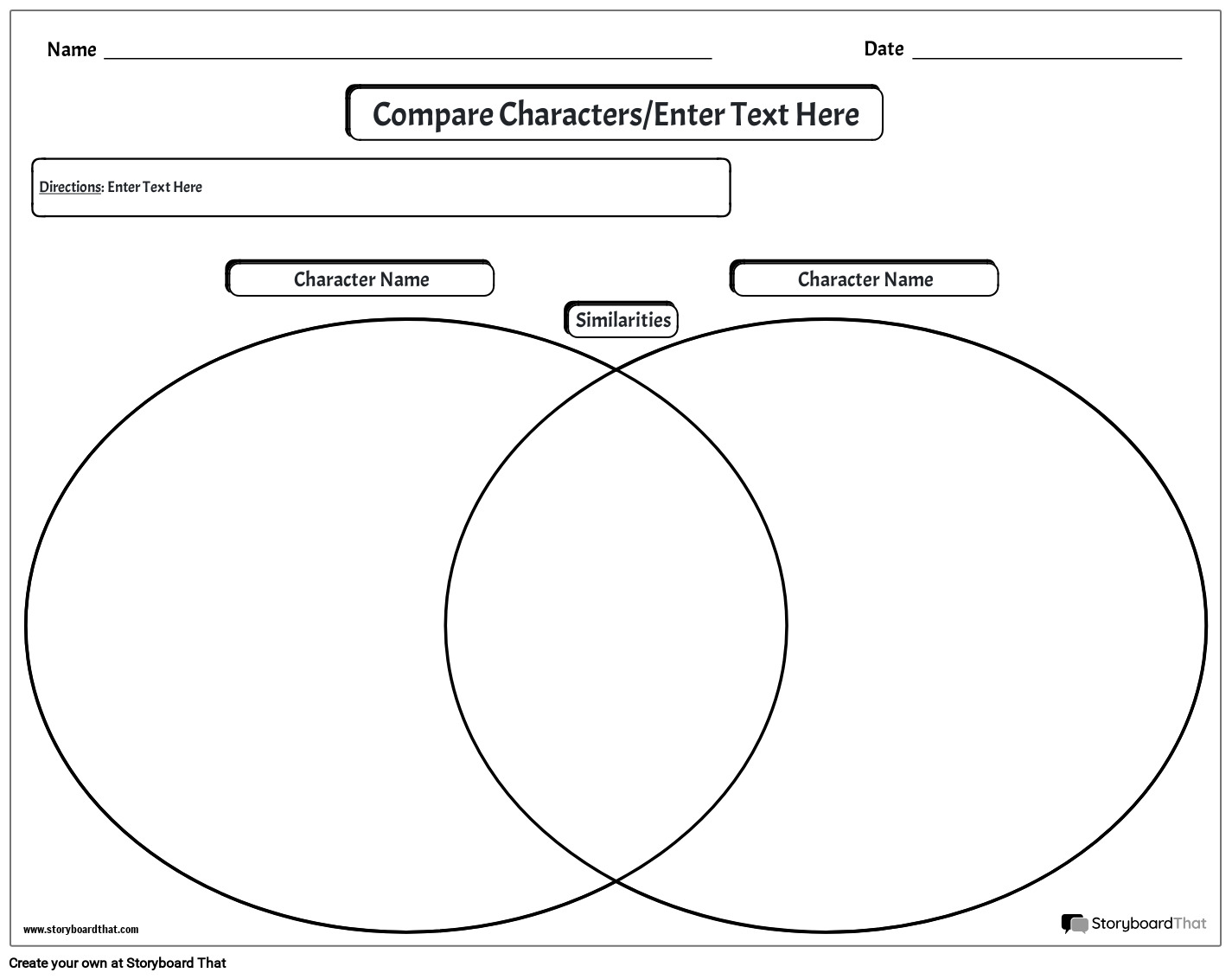 Venn Diagram Based Character Comparison Worksheet