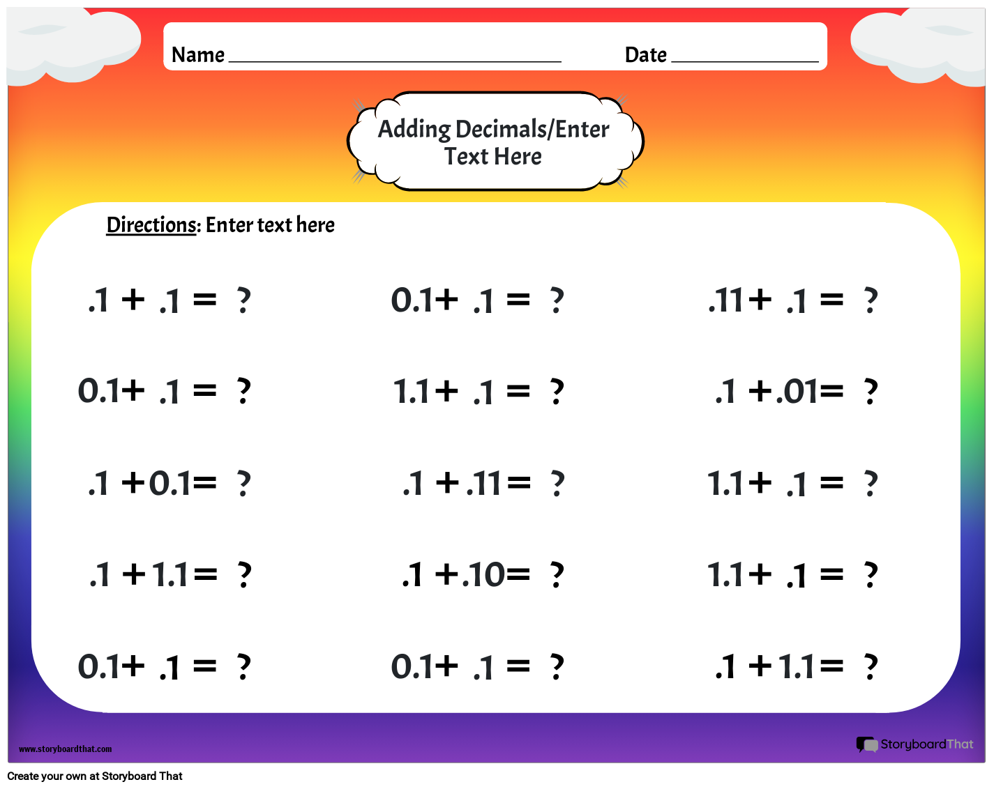 Decimals Landscape Color 1 Storyboard Por Worksheet templates