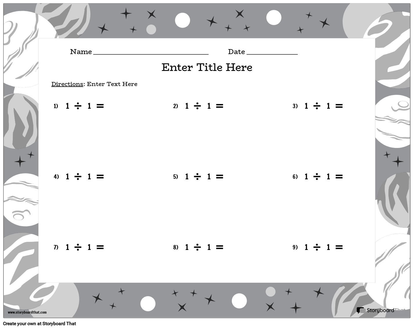 Black & White Space-Themed Division Activity Storyboard
