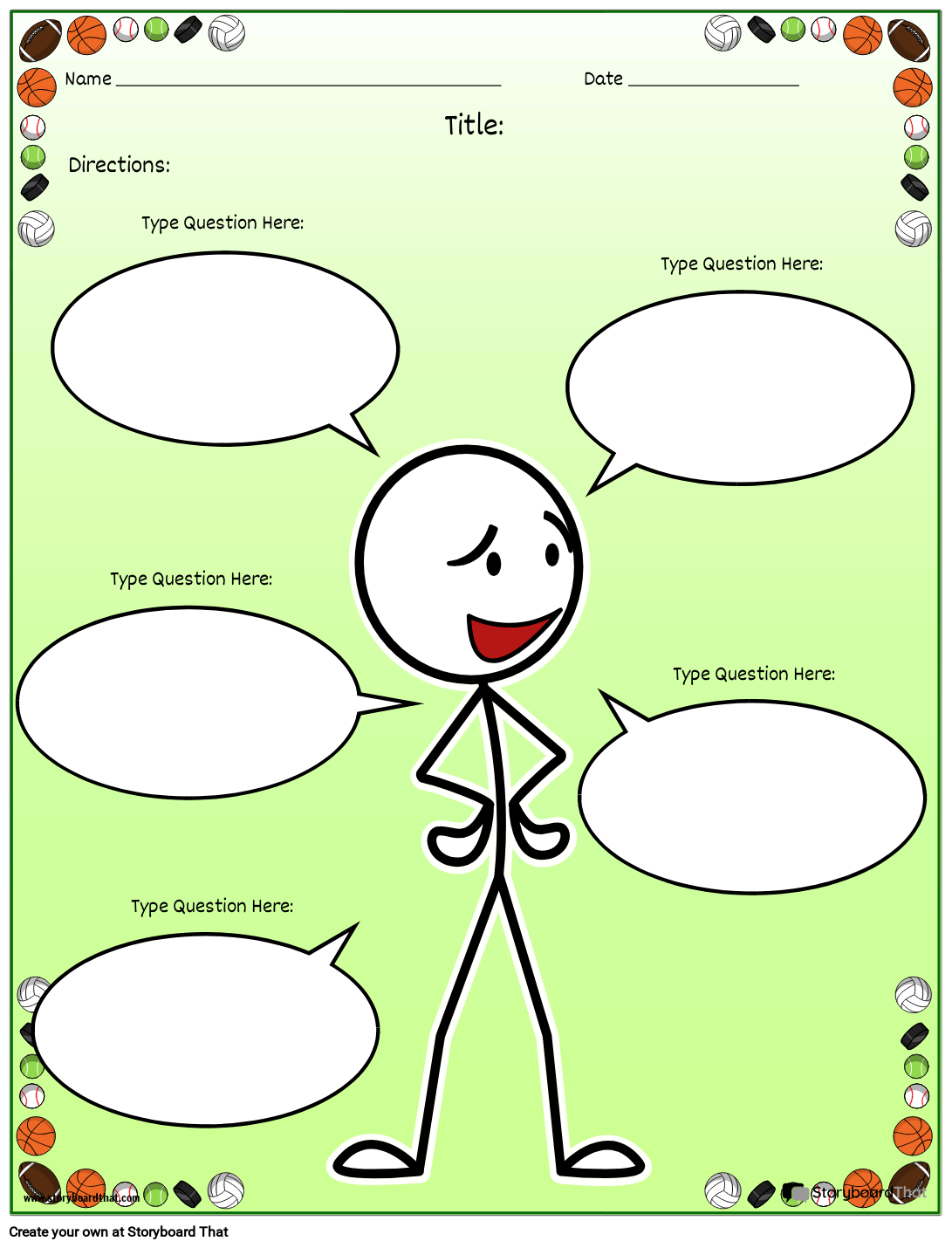 First Day Activities Questions Worksheet with Sports Theme