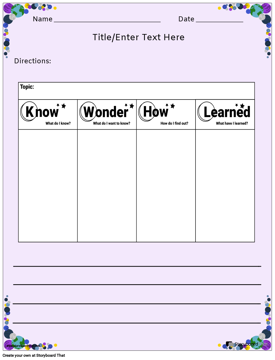 KWHL Worksheet Template with Planet Theme Storyboard