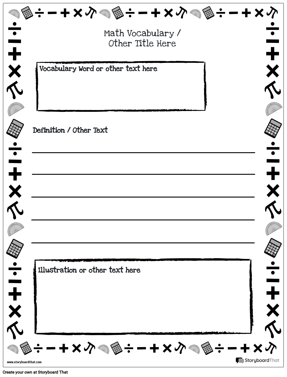 Cute Signs and Calculator-Based Math Vocabulary Template