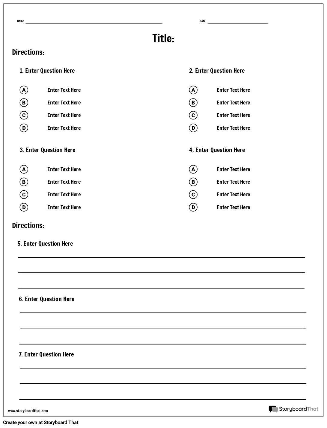 Multiple Choice And Short Answer Definitions Storyboard
