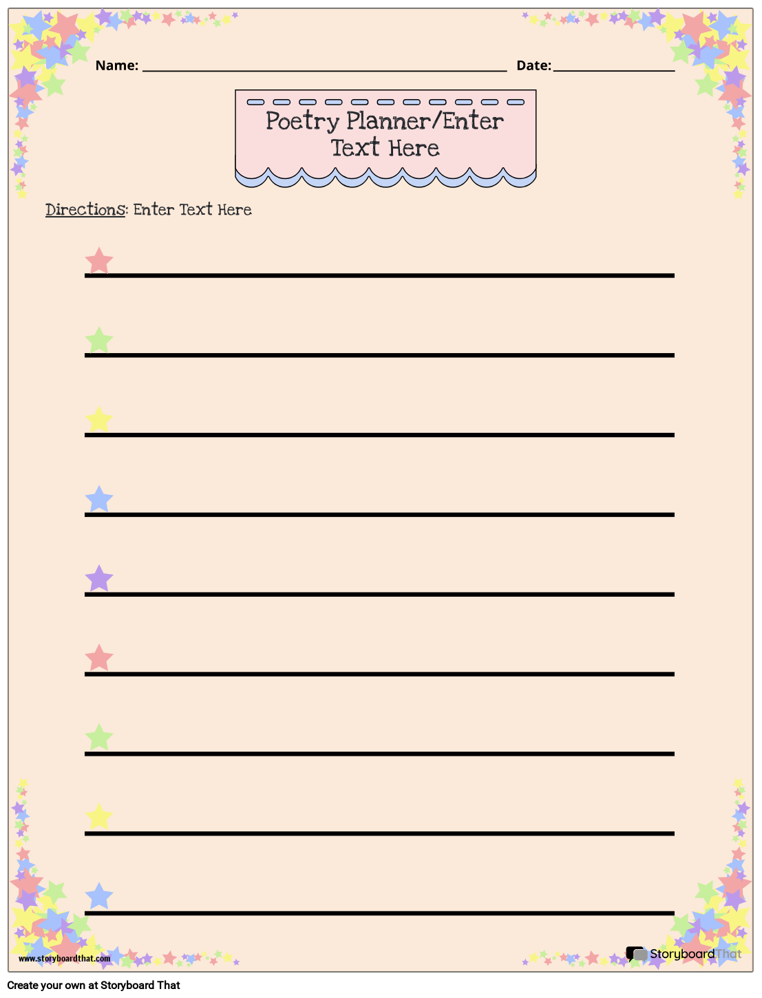 Poetry Worksheet template with Colorful Stars