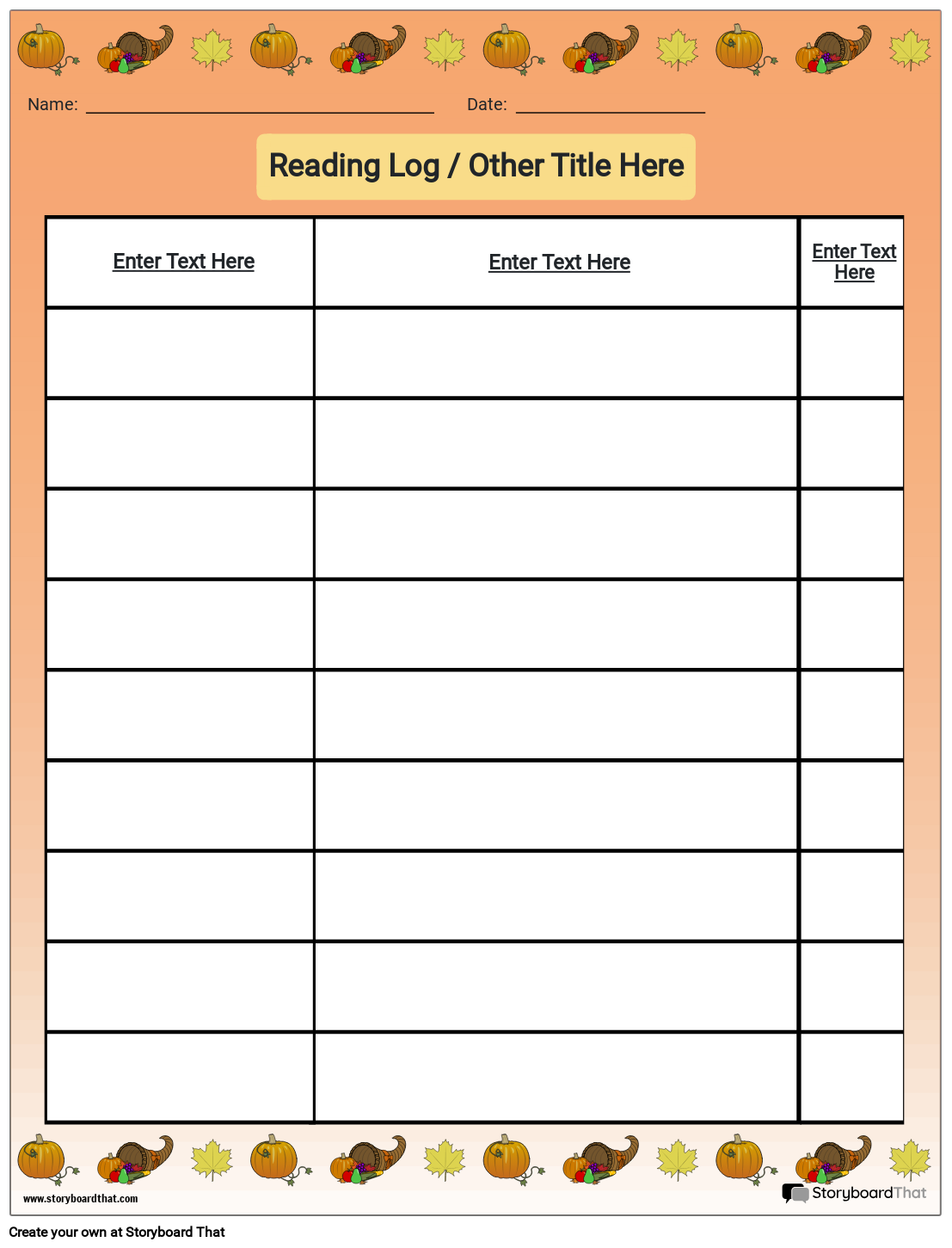 Autumn and Fall-Themed Reading Log Worksheet Storyboard