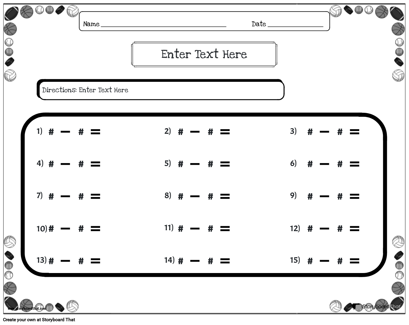 Simple Sports Balls Based Subtraction Worksheet Template