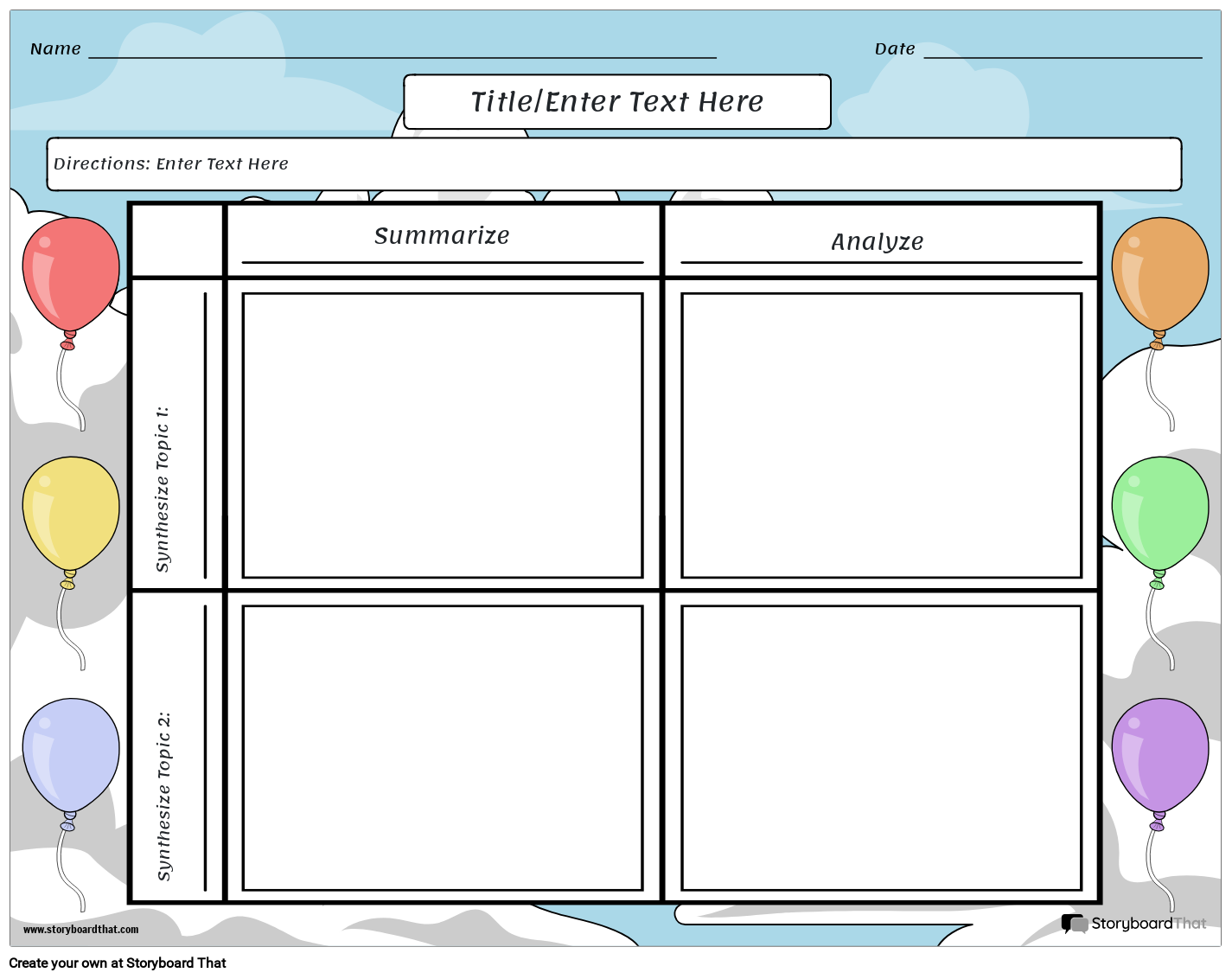 Balloon Themed Summary & Synthesis Template Design