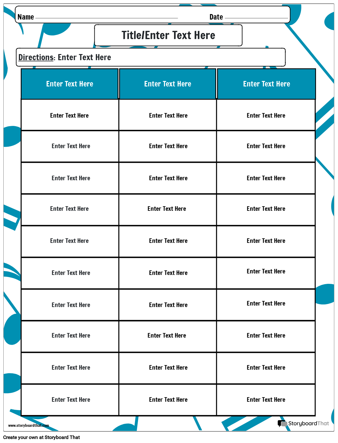 Music Symbol Based Table Worksheet Design Storyboard