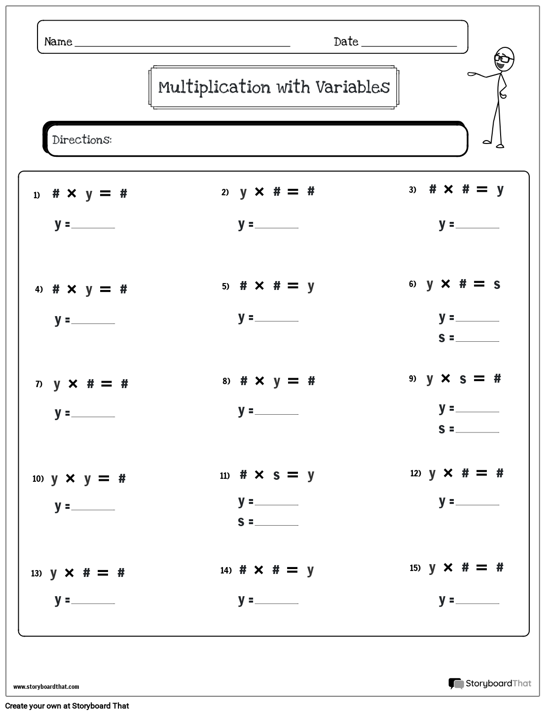 Variables Worksheet Template with a Stick Figure