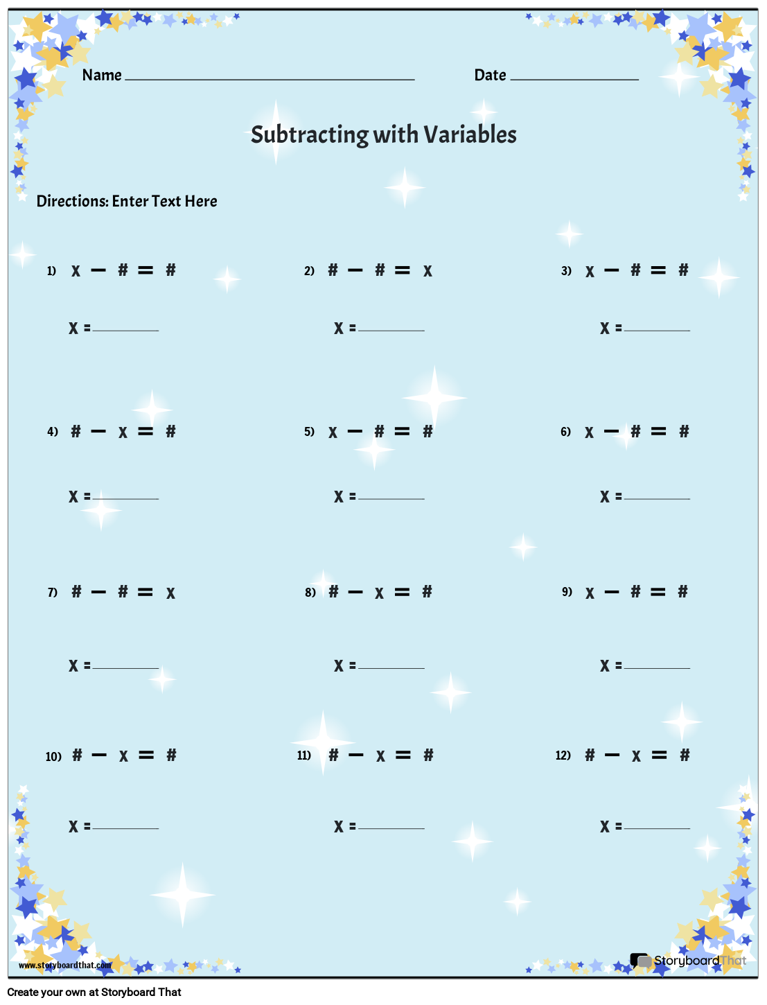 Shiny Colorful Stars Themed Variables Worksheet Template