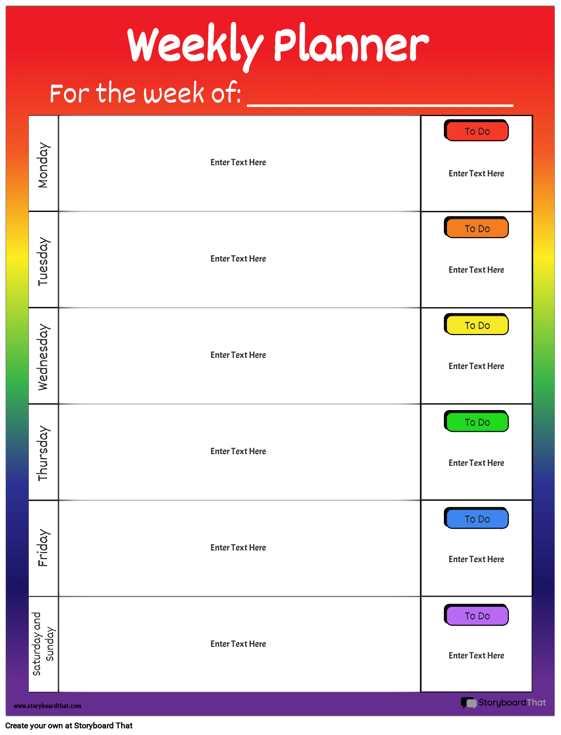 Weekly Planner Worksheet with Rainbow Colors Storyboard