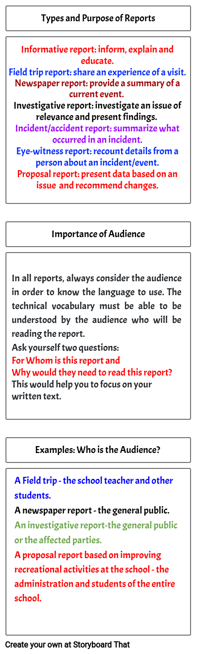 Report Writing- Types, Purpose and Audience Storyboard